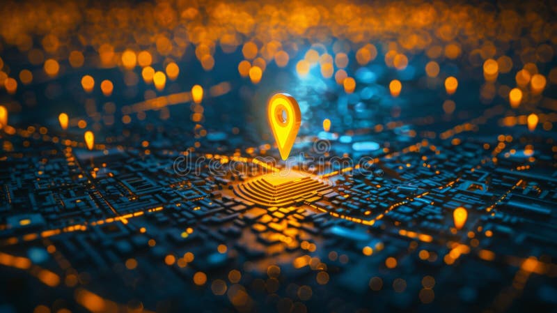Glowing Location Pin on Digital Map at Night Stock Image - Image of ...