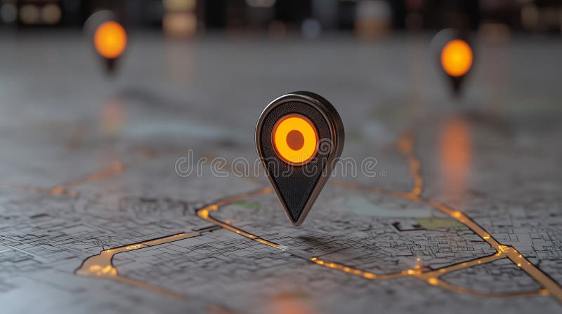Glowing Location Pin Hovering Over Illuminated City Map Stock ...