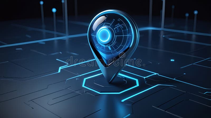 Glowing Location Pin Icon on Digital Network Map Stock Illustration ...