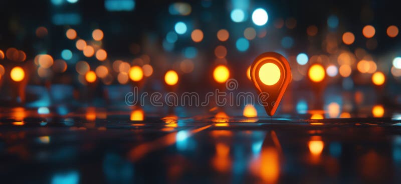 Glowing Location Pin in Urban Setting with Vibrant Bokeh Lights at ...