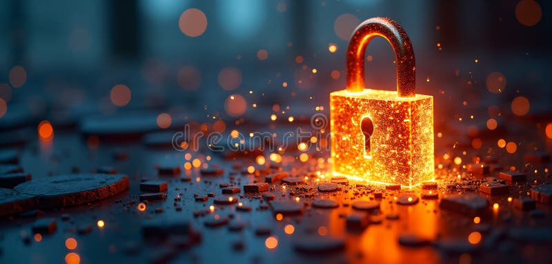 Glowing Lock in Cybersecurity Concept with Broken Particles Stock ...
