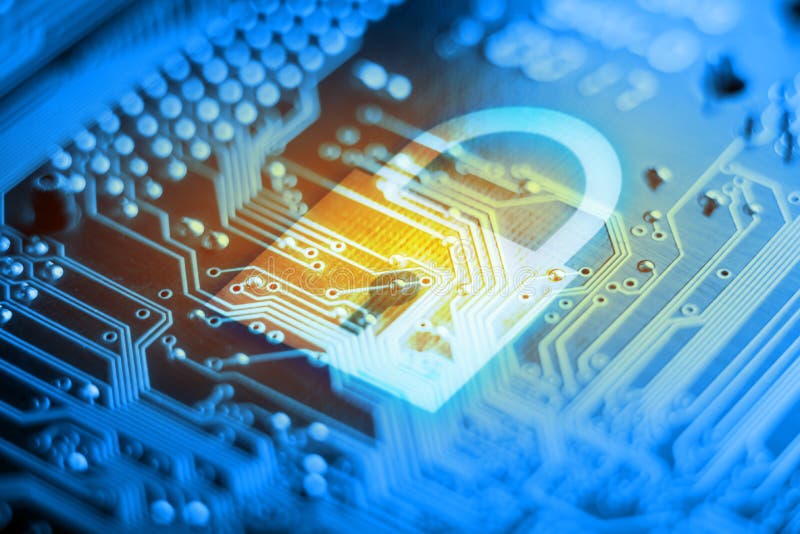 Glowing Lock Icon on the Electronic Board with a Microchip. Concept of ...