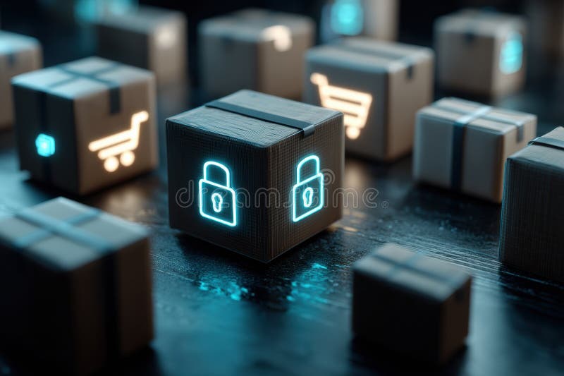 Secure Online Payment Concept Featuring Glowing Lock and Package Icons ...