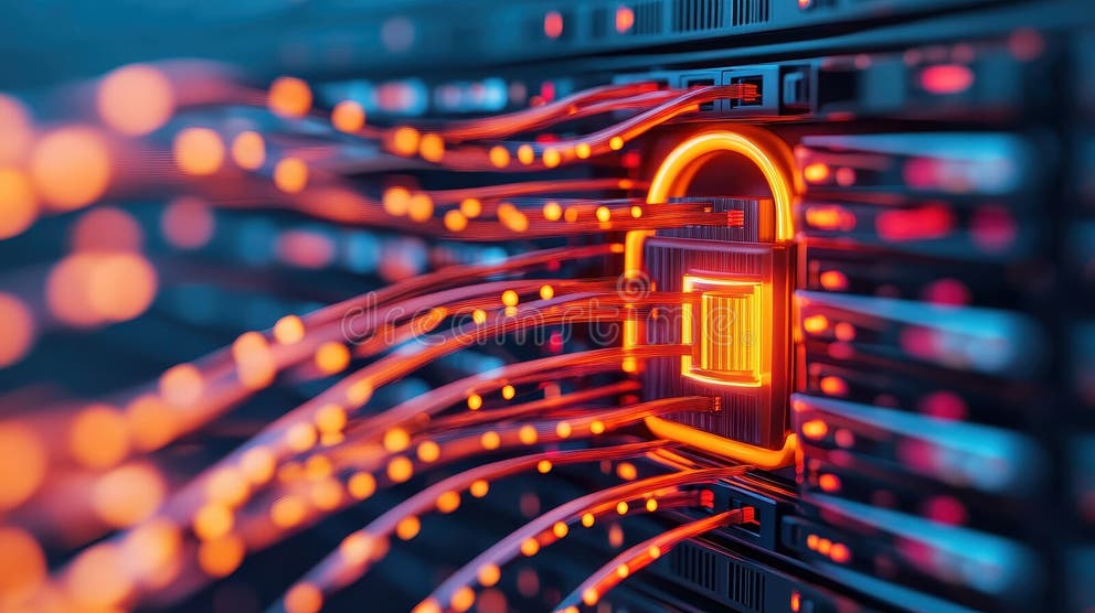 Glowing Lock Protecting Data Streams on Server Rack Representing ...