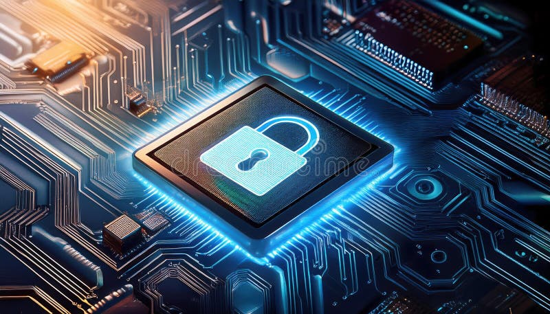 Glowing Lock Symbol on Circuit Board Represents Digital Security and ...