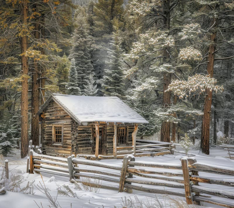A Glowing Log Cabin Nestled in the Snow, Surrounded by Pine Trees and a ... A Glowing Log Cabin Nestled in the Snow, Surrounded by Pine Trees and a ...