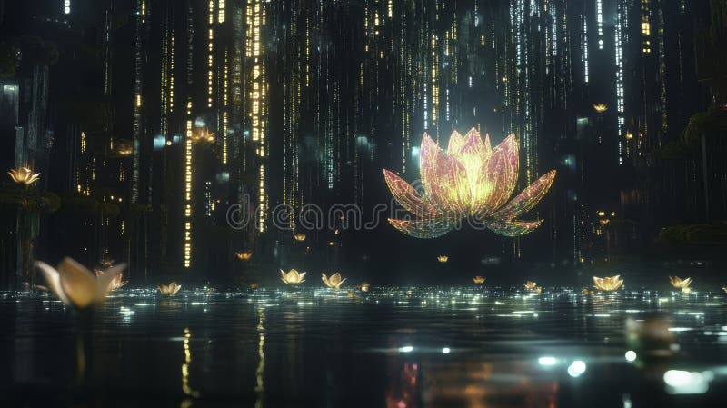 Lotus Flower Illuminated by Vibrant Rainbow Lights with Digital Binary ...