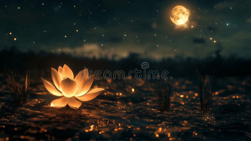 Glowing Lotus Flower Under a Full Moon at Night Stock Illustration ...