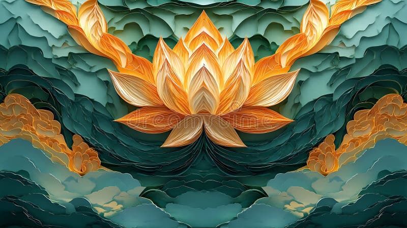 Symbolic Lotus on Layered Emerald Waves Stock Illustration ...