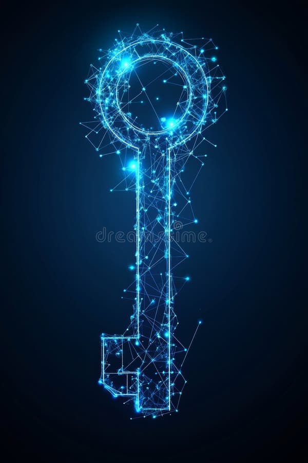 Glowing Low Poly Key on a Dark Blue Background. Key is Made of Dots and ...