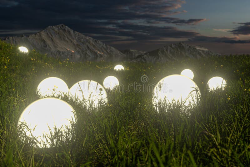 Glowing Magic Balls in the Grass Field, 3d Rendering Stock Illustration ...