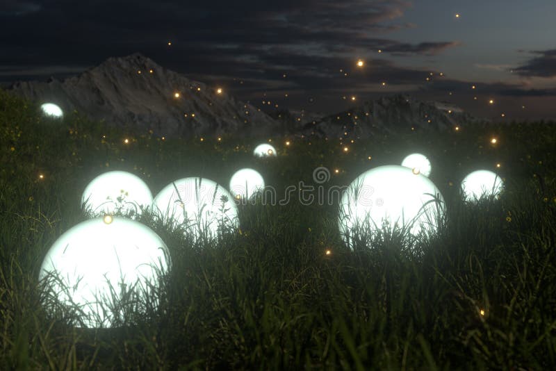 Glowing Magic Balls in the Grass Field, 3d Rendering Stock Illustration - Illustration of ...