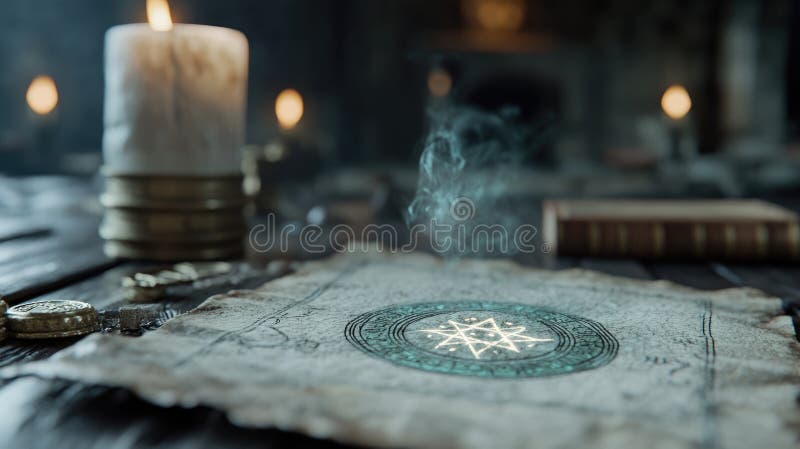 A Glowing Magic Circle with Intricate Symbols Rests on Aged Parchment ...