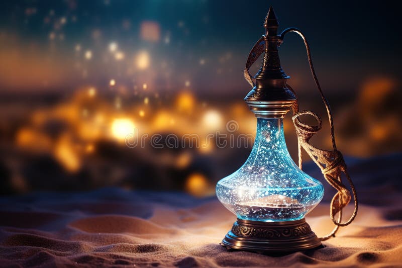 A Glowing Magic Genie Lamp Stands on the Sand in the Desert on Bokeh ...