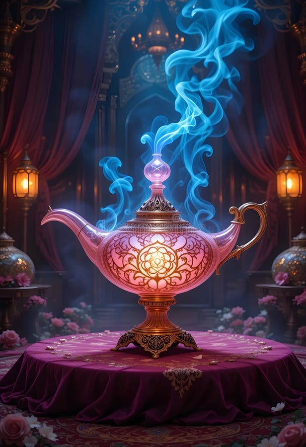Glowing Magic Lamp with Blue Smoke on Table in Dark Setting Stock ...