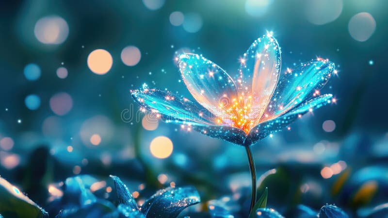 Glowing Magical Blue Flower in Enchanted Forest with Sparkling Lights ...