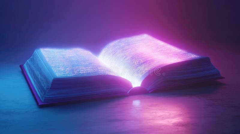 Glowing Magical Book with Neon Lights in Dark Environment Stock Image ...