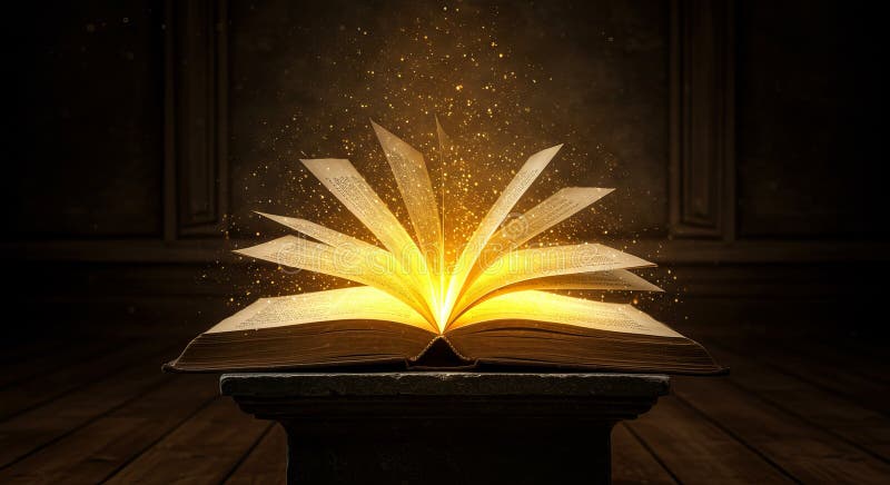 Glowing Magical Book with Open Pages and Golden Light in a Dark Room ...