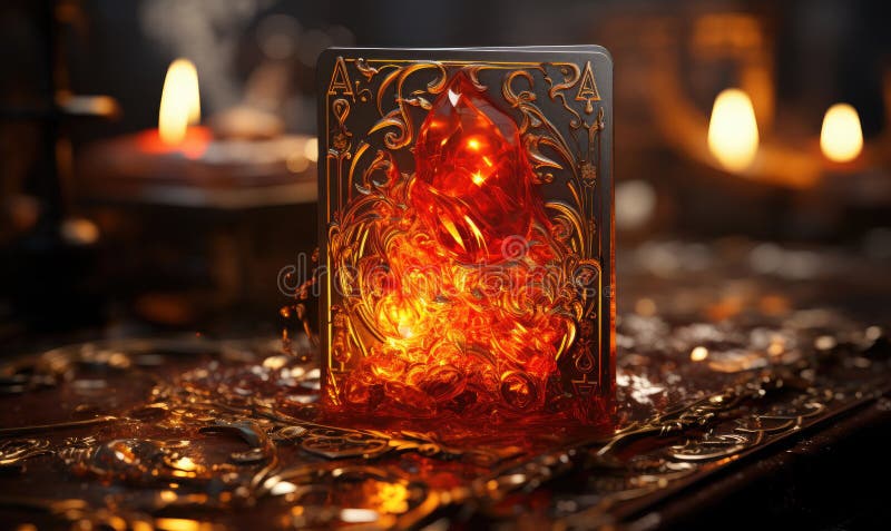 A Glowing Magical Card with a Fiery Red Crystal in the Center Stock ...