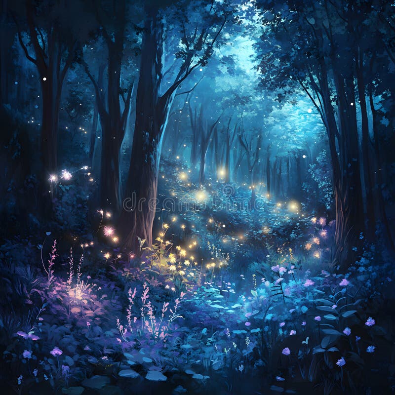 A Glowing Magical Forest at Night, with Sparkling Trees, Fireflies, and ...