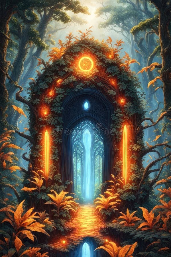 A Glowing Magical Orange Portal in the Forest, Vertical Composition ...
