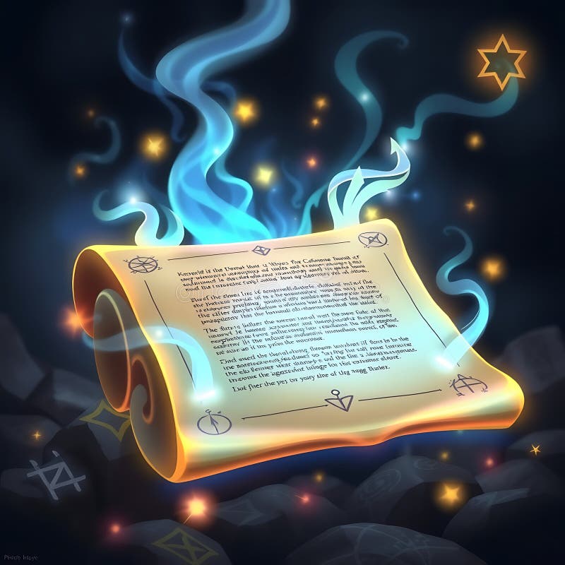 A Glowing Magical Scroll with Floating Symbols Surrounding it Stock ...