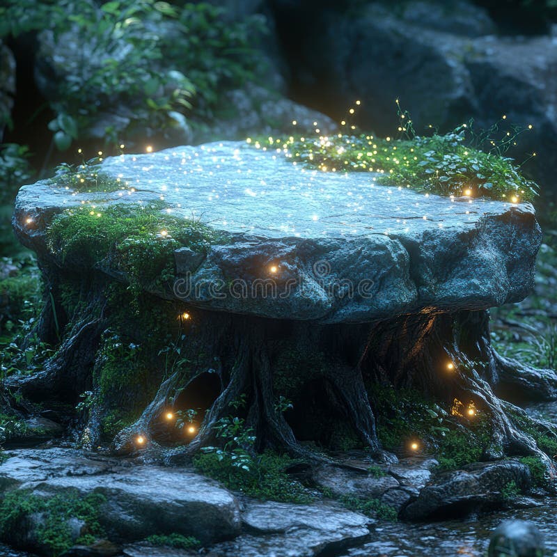 A Glowing, Magical Stone Surrounded by Sparkling Lights and Gnarled ...