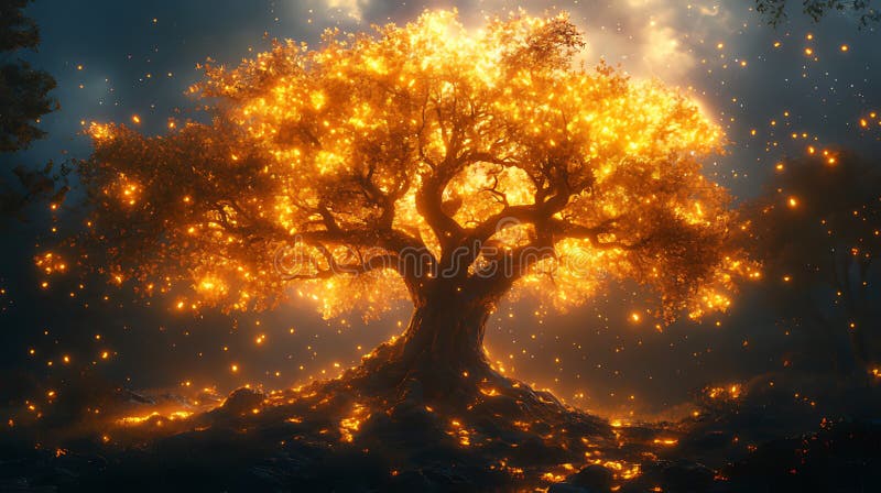 Glowing Magical Tree in Dark Forest at Night Stock Illustration ...