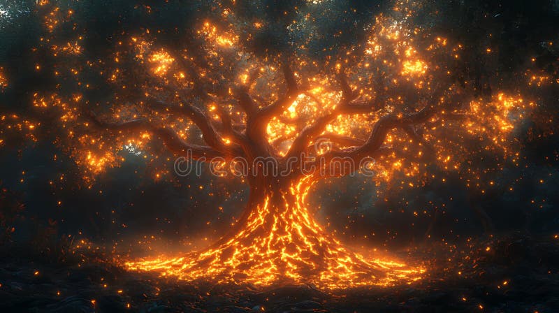 Glowing Magical Tree with Fiery Roots and Sparks Stock Illustration ...