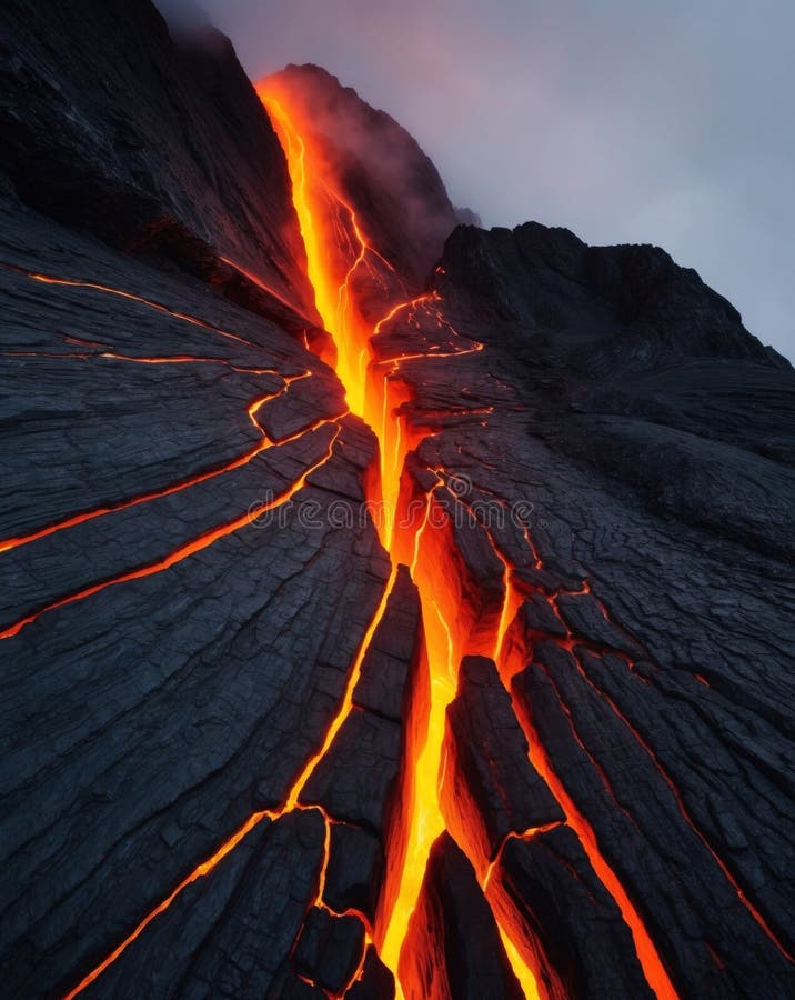 Glowing Magma Cracks in Dark Volcanic Rock. Stock Photo - Image of ...