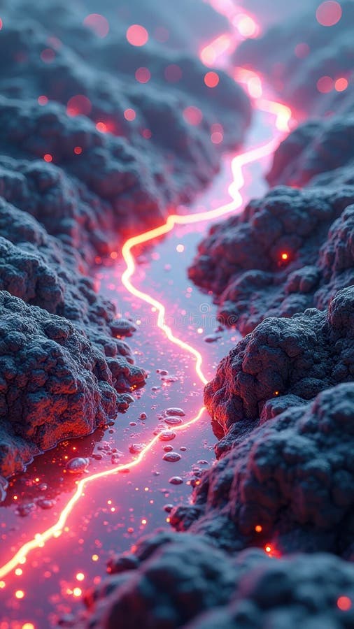 Glowing Magma River Flowing Rocky Terrain Night Stock Photos - Free ...