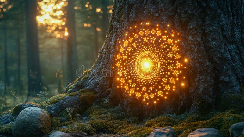 Glowing Mandala Art on Tree in Enchanted Forest at Sunset Stock ...