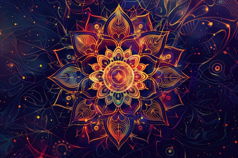 A Glowing Mandala in a Night Sky of Swirling Lights Stock Illustration ...