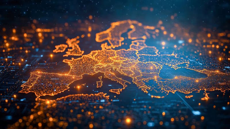 A Glowing Map of Europe Illuminated by Golden Lights on a Dark ...