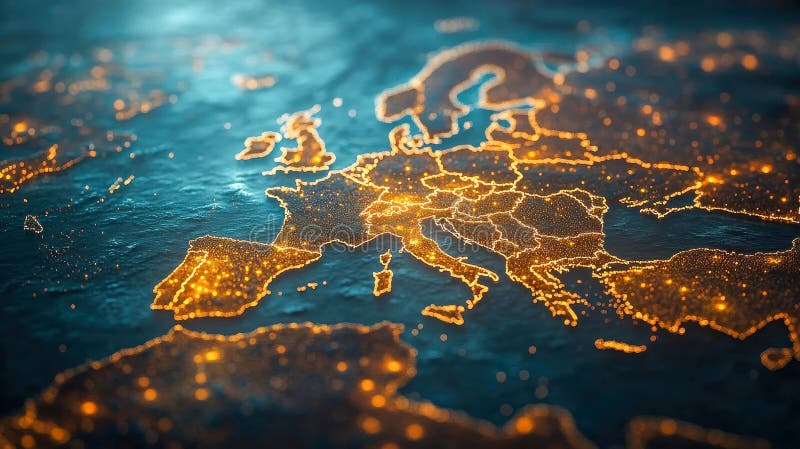 A Glowing Map of Europe Illuminated by Golden Lights on a Dark ...