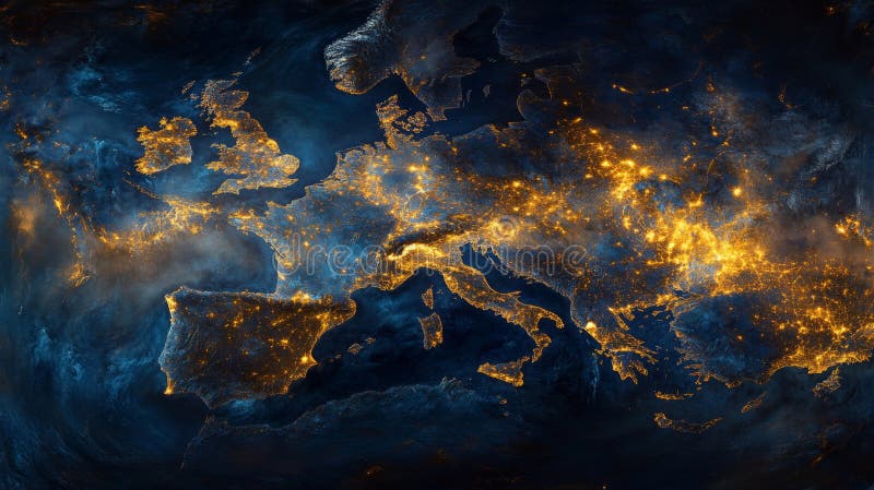 Glowing Map of Europe at Night: City Lights and Network Connections ...
