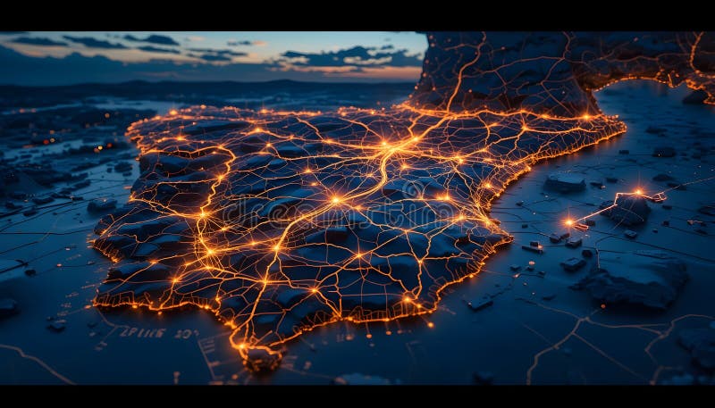 Glowing Map of Land Network with Connection Lines at Night Stock ...