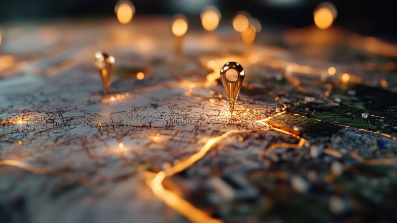 Glowing Map with Location Pins and Illuminated Pathways in Focus Stock ...