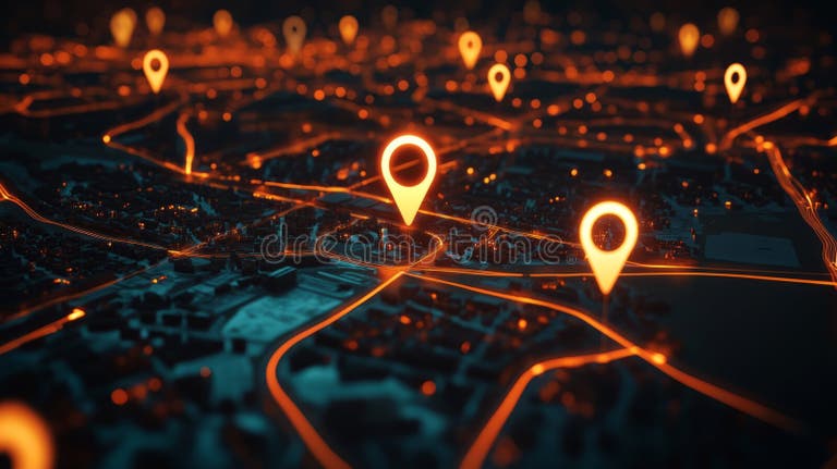 Glowing Map with Location Pins, Representing Navigation, Technology ...