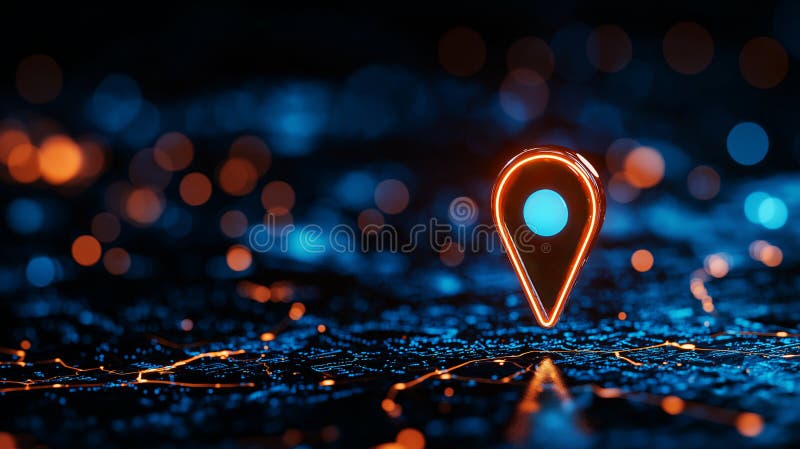 Glowing Map Pin on Dark Background with Blue and Orange Lights, Representing Location and ...