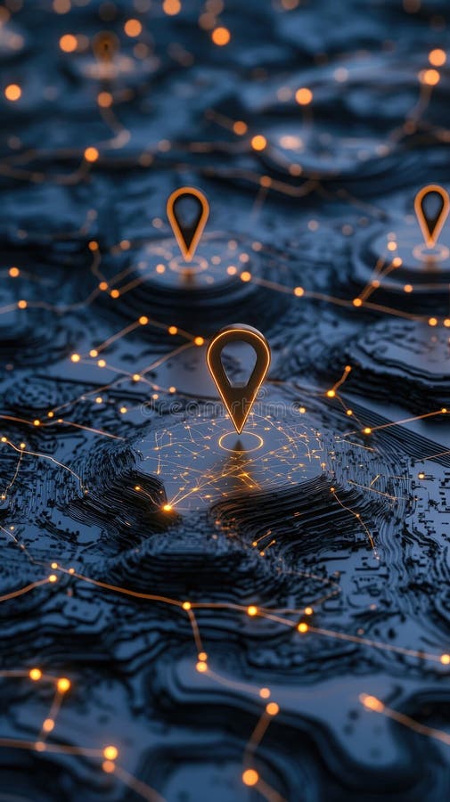 Glowing Map Pins and Route Lines Form a Vibrant Digital Backdrop ...
