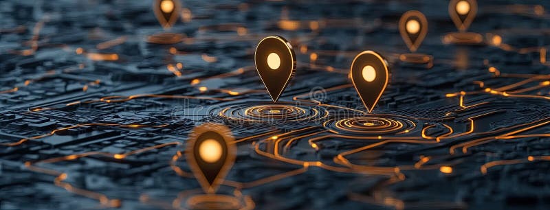 Glowing Map Pins and Route Lines Form a Vibrant Digital Backdrop ...