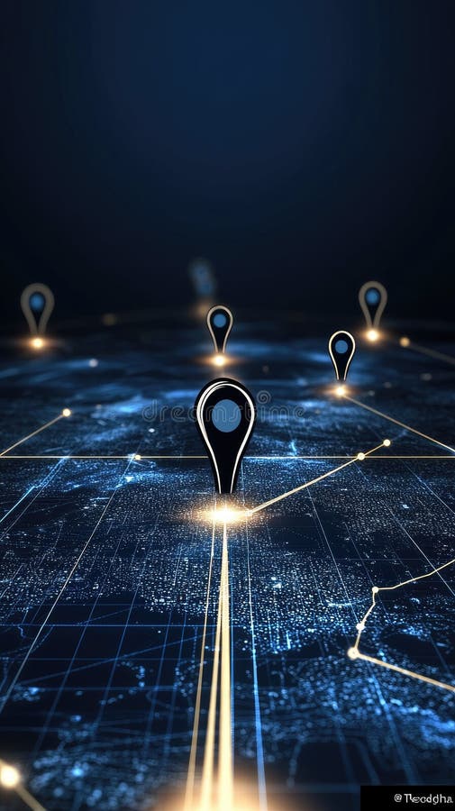 Glowing Map Pins and Route Lines Form a Vibrant Digital Backdrop ...