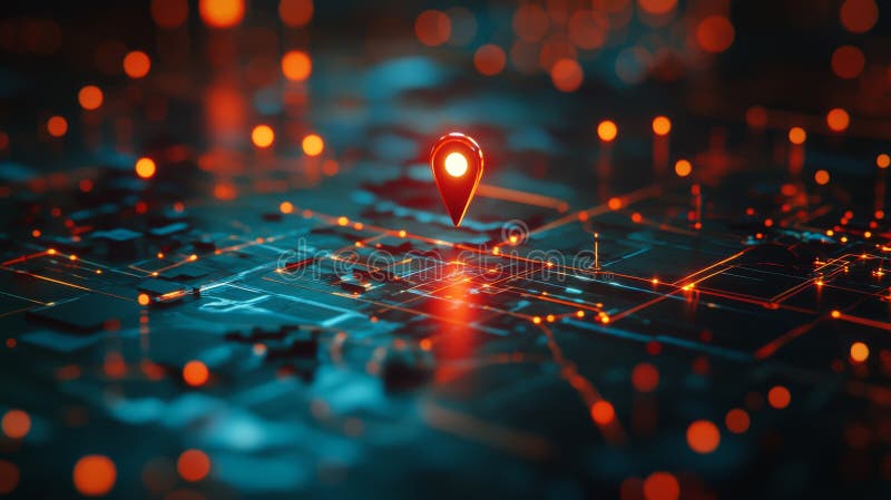 Glowing Map with Red Location Marker in a Digital Interface Stock Photo ...