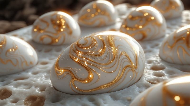 Glowing Marble Eggs with Gold Patterns on Textured Surface. Easter ...