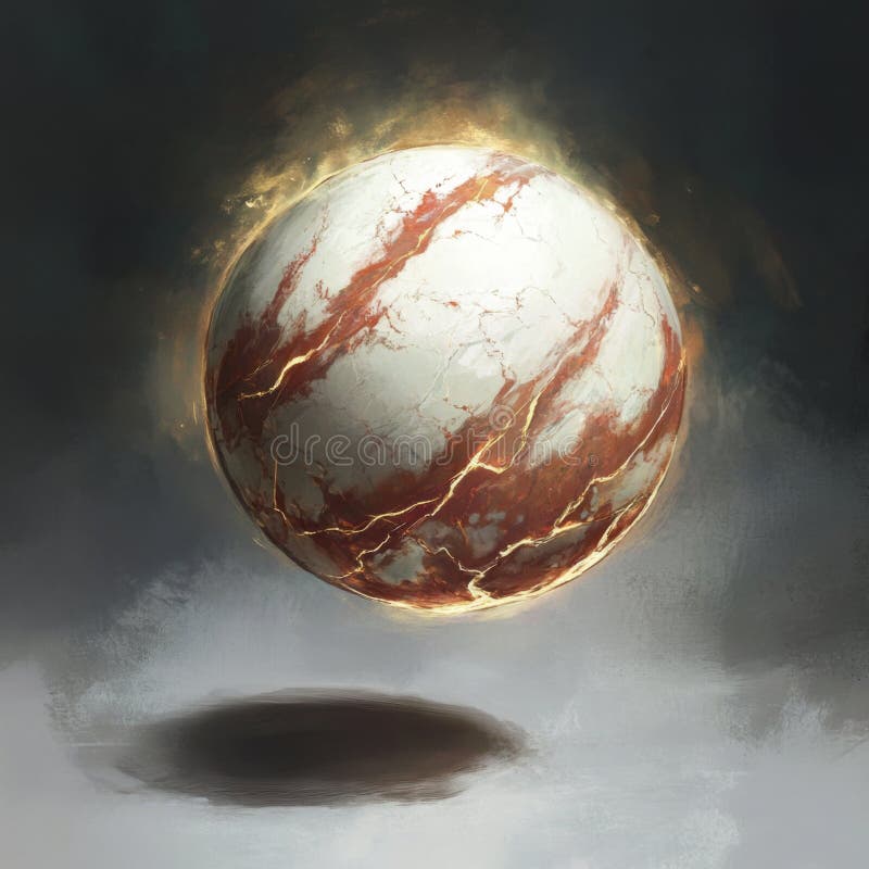 Glowing Marble Sphere with Fiery Cracks Suspended Over Shadow Stock ...