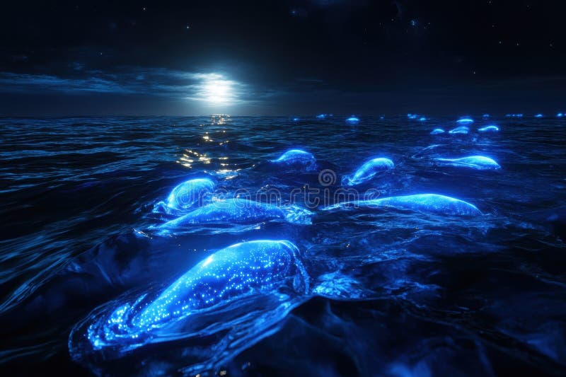 Bioluminescent Creatures Illuminate the Ocean Surface Under a Moonlit ...