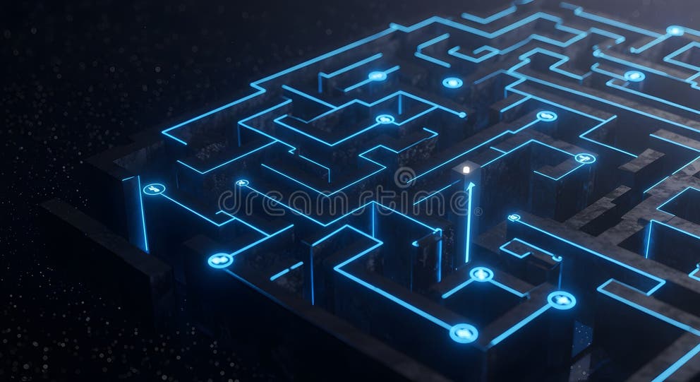 Abstract Glowing Maze with Digital Networks, Symbolizing Problem ...