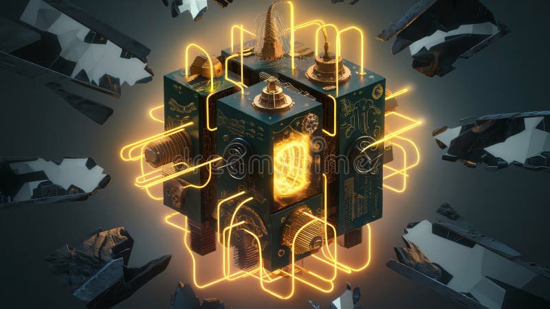Glowing Mechanical Cube Emerging from Shattered High Quality Image ...