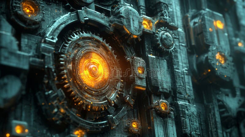 Glowing Mechanical Gears in a Dark Futuristic Setting Stock ...